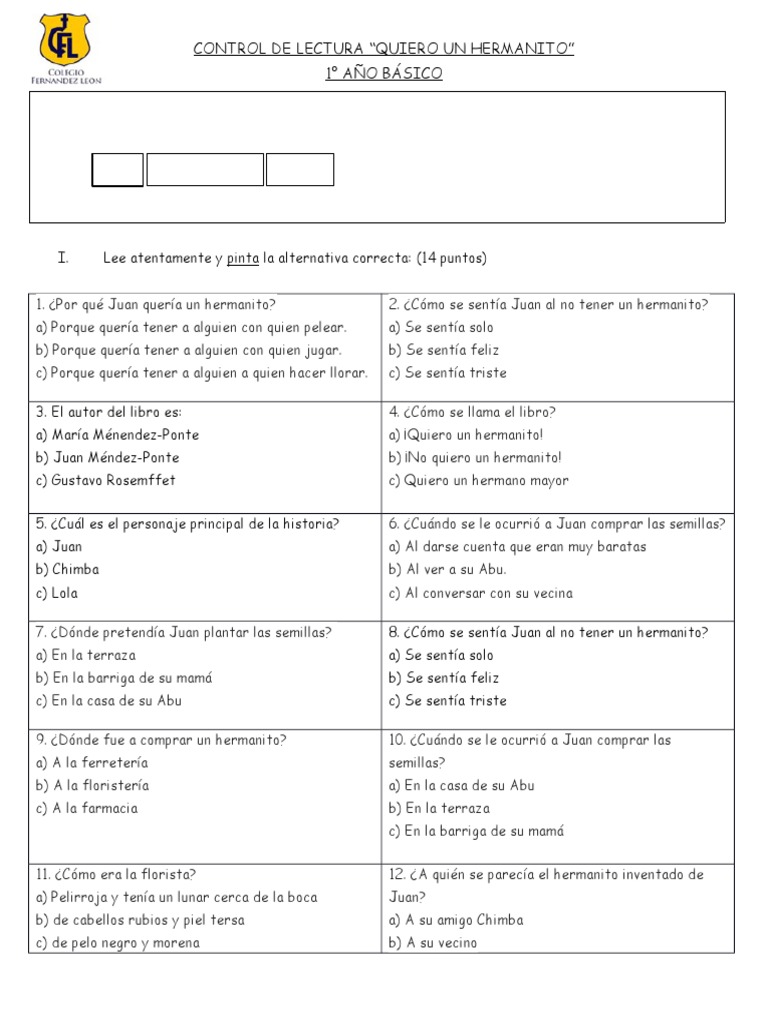 Control de Lectura Quiero Un Hermanito | PDF