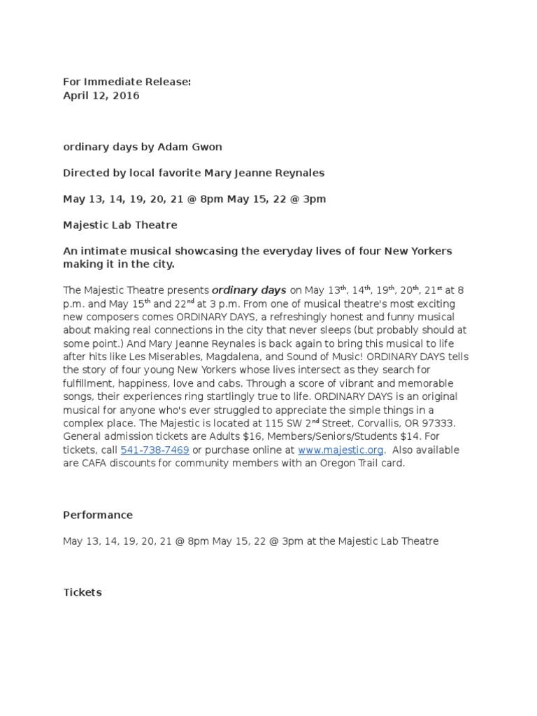 Ordinary Days Press Release | PDF