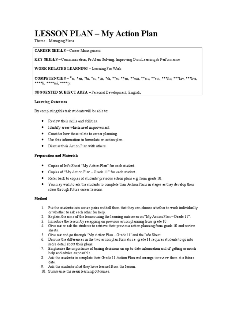 Grade 11 Action Plan for Career Skills | PDF | Lesson Plan | Teachers