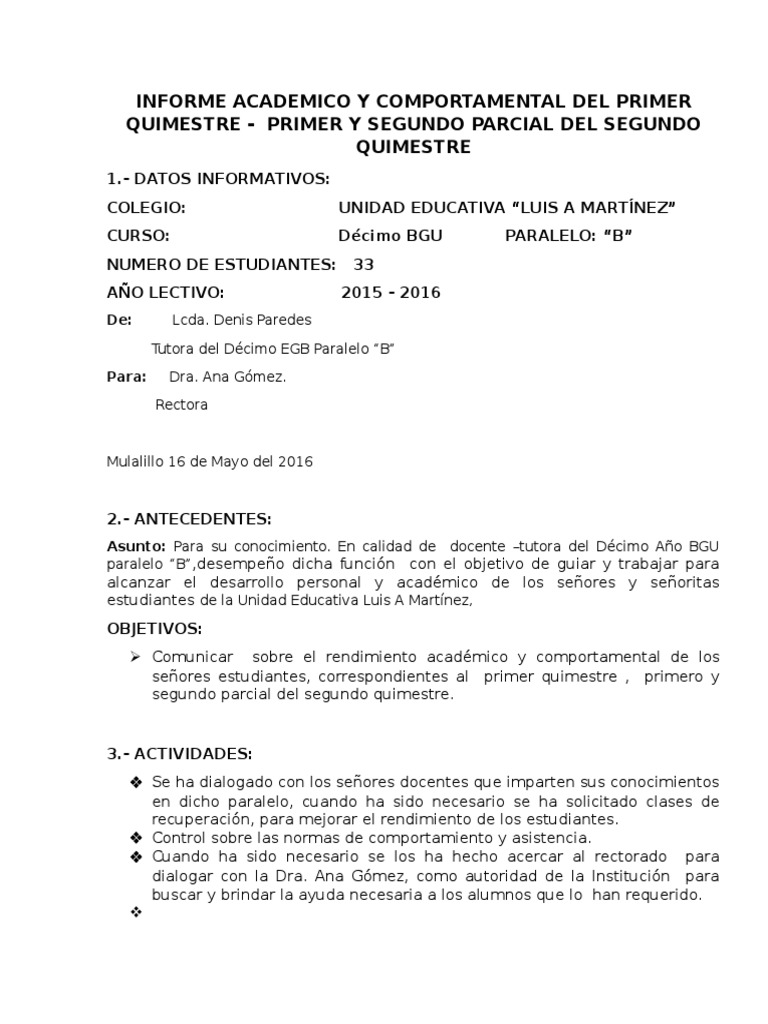 Informe Tutor Decimo B Actual | PDF | Compartir | Comunicación
