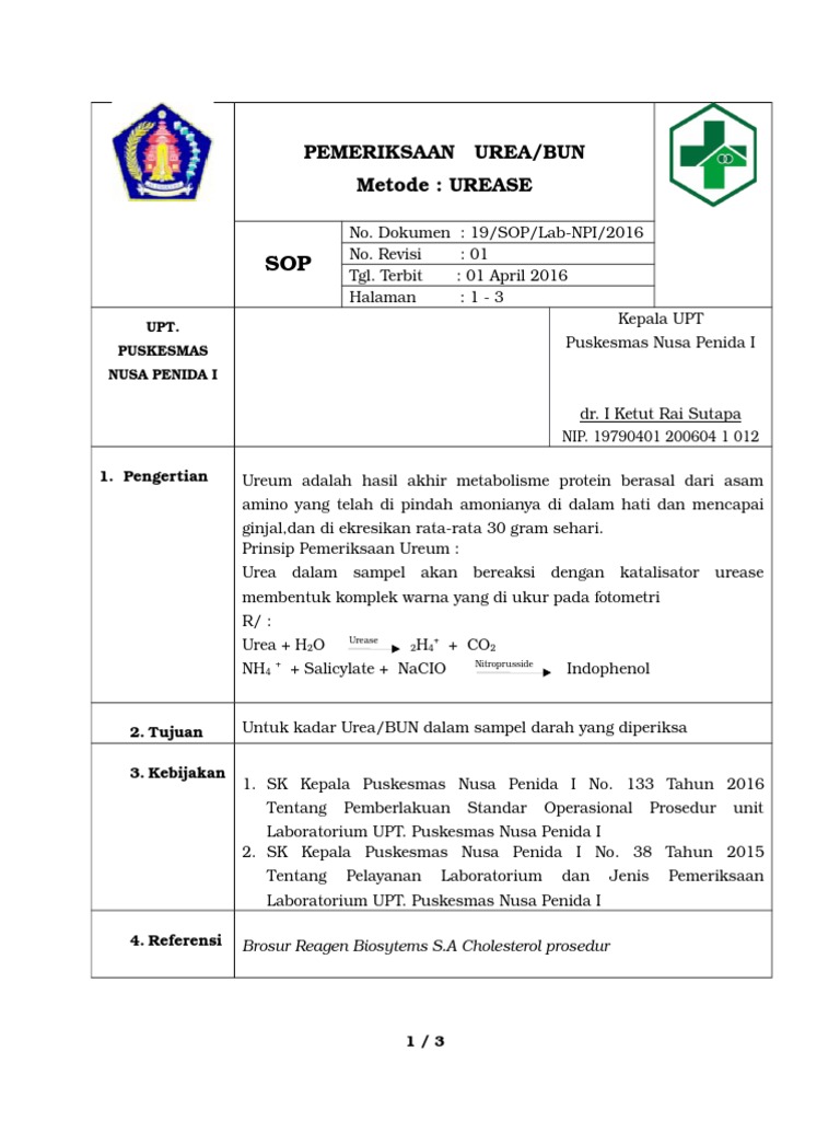 SOP 19. Pemeriksaan Ureum | PDF