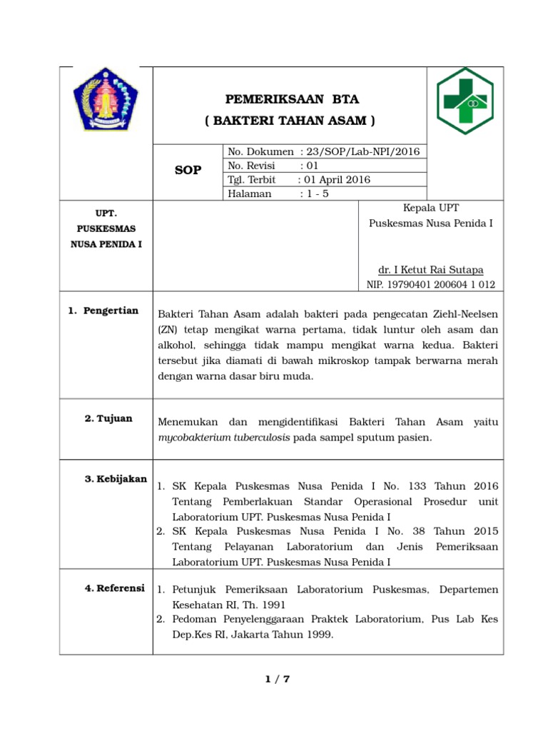 SOP 23. Pemeriksaan BTA | PDF
