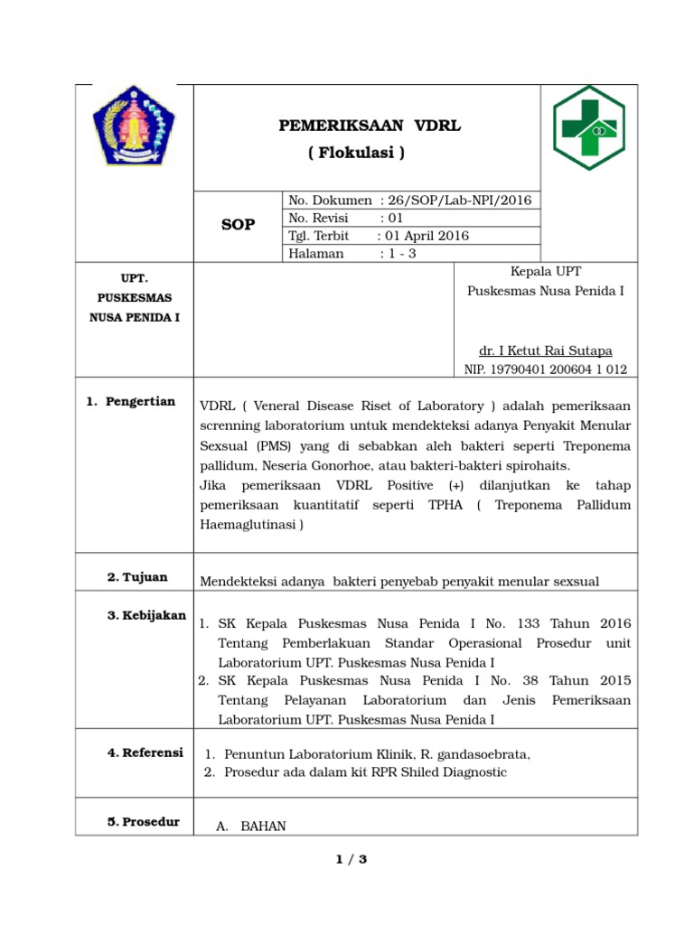 SOP 26. Pemeriksaan VDRL | PDF