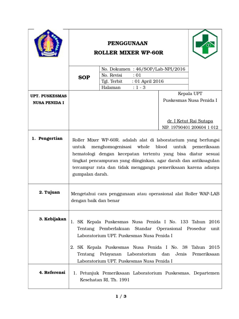 SOP Penggunaan Roller Mixer WP-60R | PDF