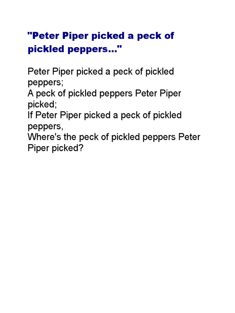Peter Piper's Pickled Peppers Rhyme | PDF
