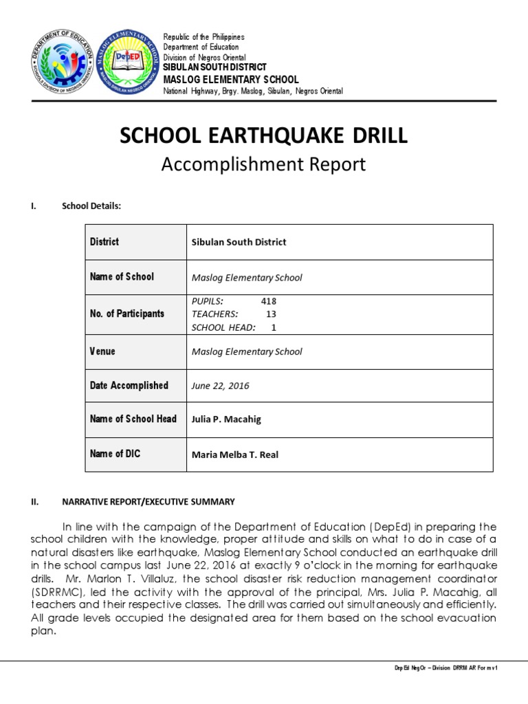 Maslog Elementary Earthquake Drill Report | PDF | Further Education ...