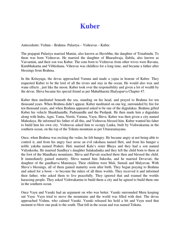 Kuber | PDF | Rama | Hindu Mythology