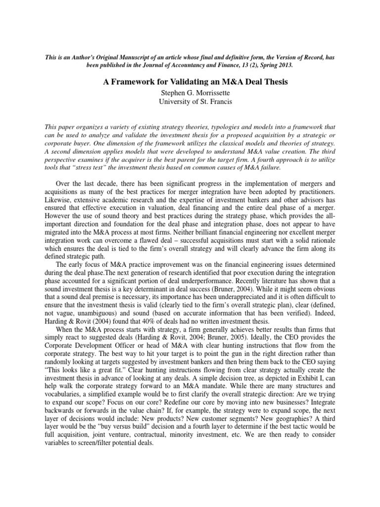 M&a Framework | PDF | Mergers And Acquisitions | Strategic Management