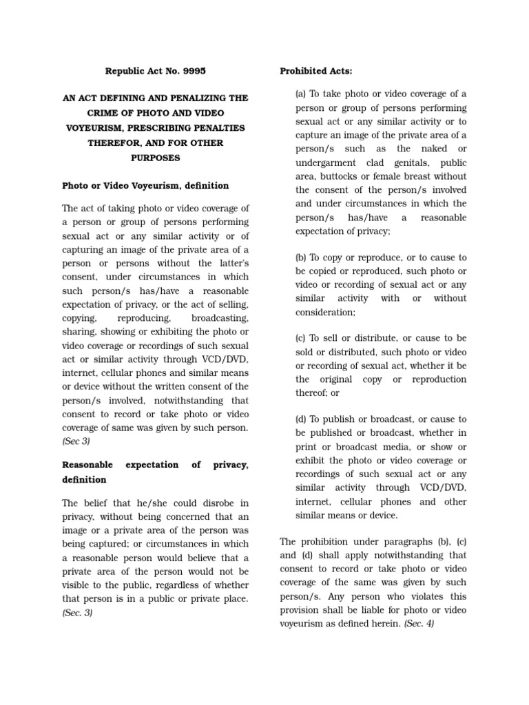 RA 9995: Anti Photo & Video Voyeurism Act | PDF | Privacy | Crime ...