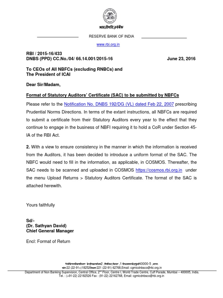 Statutory Auditor Certificate Format for NBFCs | PDF | Money | Finance ...