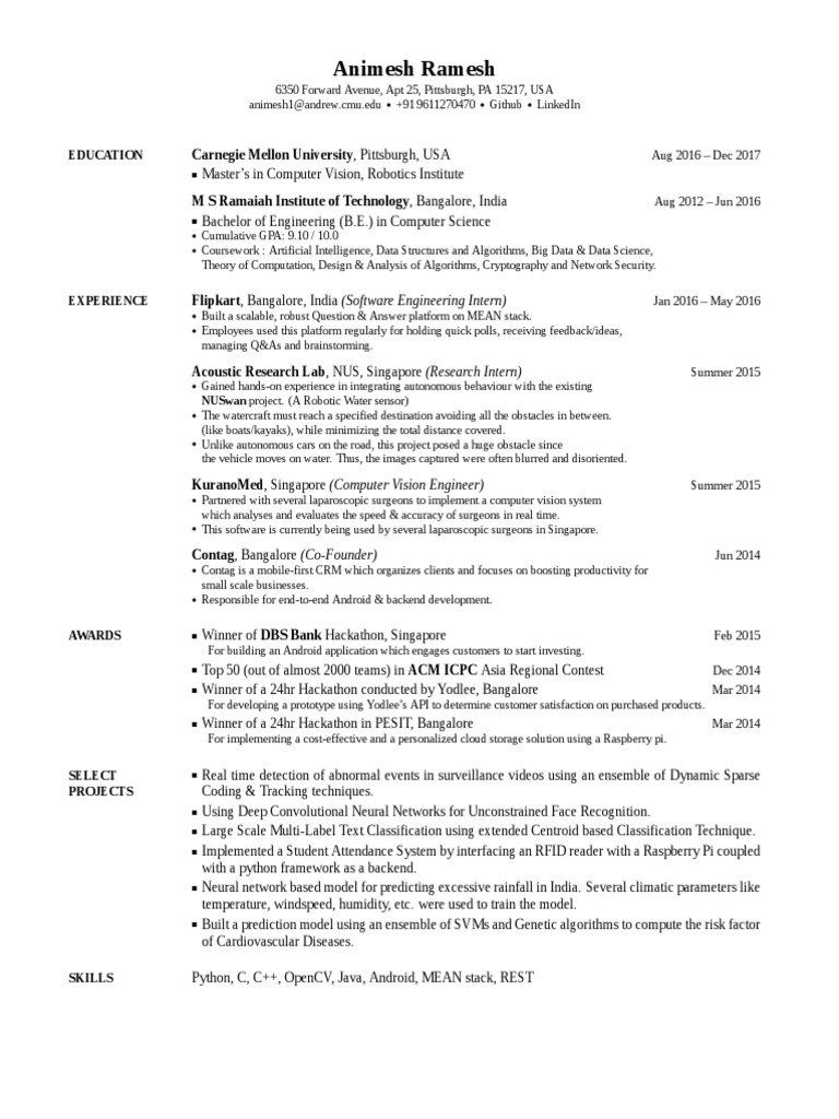 Resume - Animesh | Carnegie Mellon University | Computer Vision