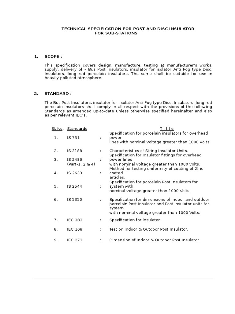 Post and Disc Insulator Specifications | PDF | Insulator (Electricity ...