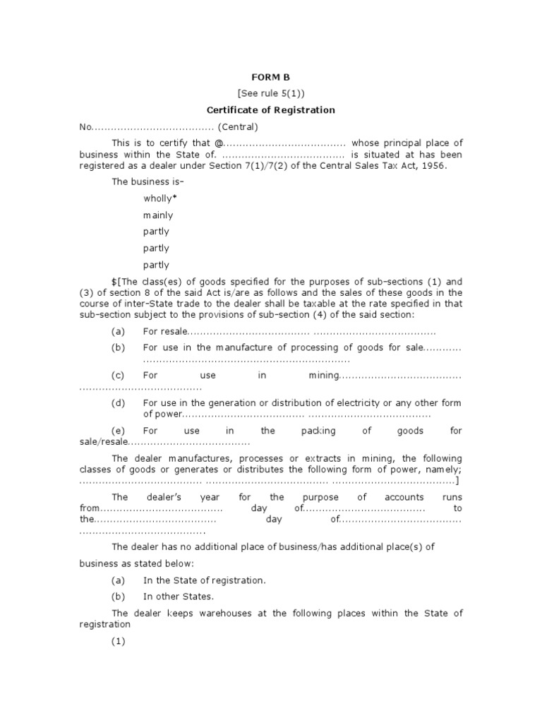 Central Sales Tax Registration Certificate | PDF | Finance & Money ...