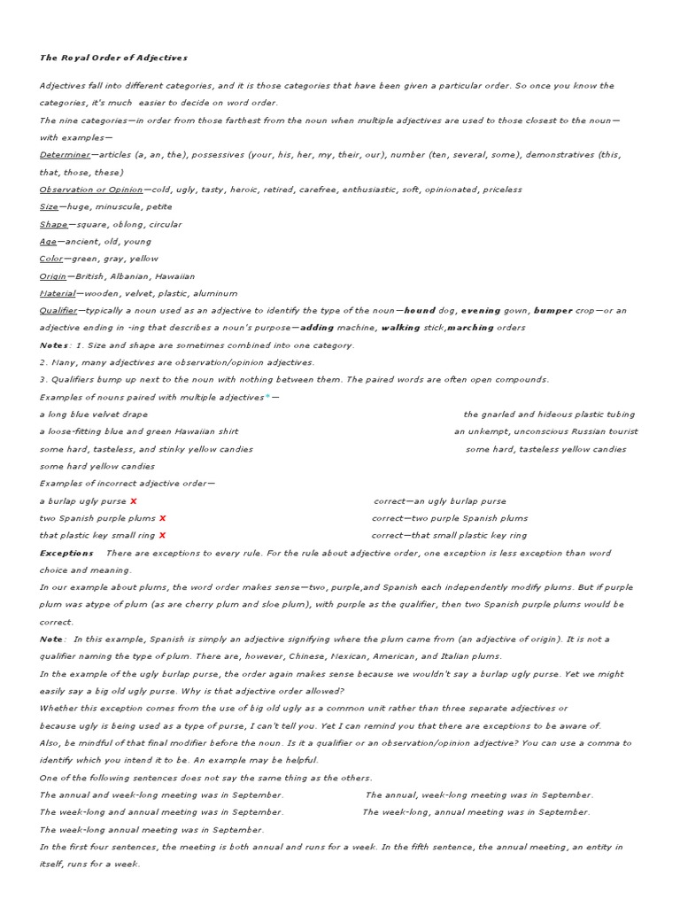 Understanding the Royal Order of Adjectives | PDF | Adjective | Comma