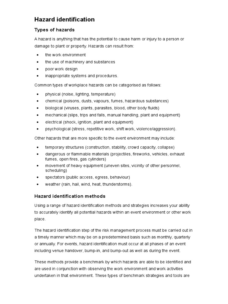 Workplace Hazard Identification Methods | PDF | Occupational Safety And ...