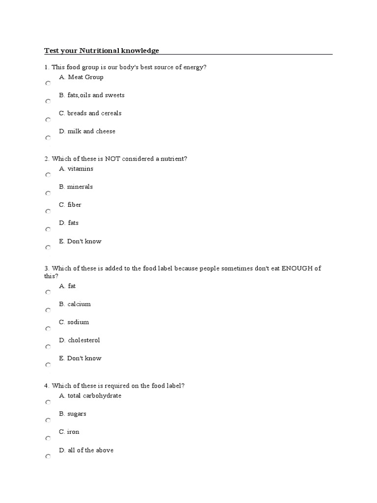 Test Your Nutritional Knowledge | PDF | Vitamin | Folic Acid