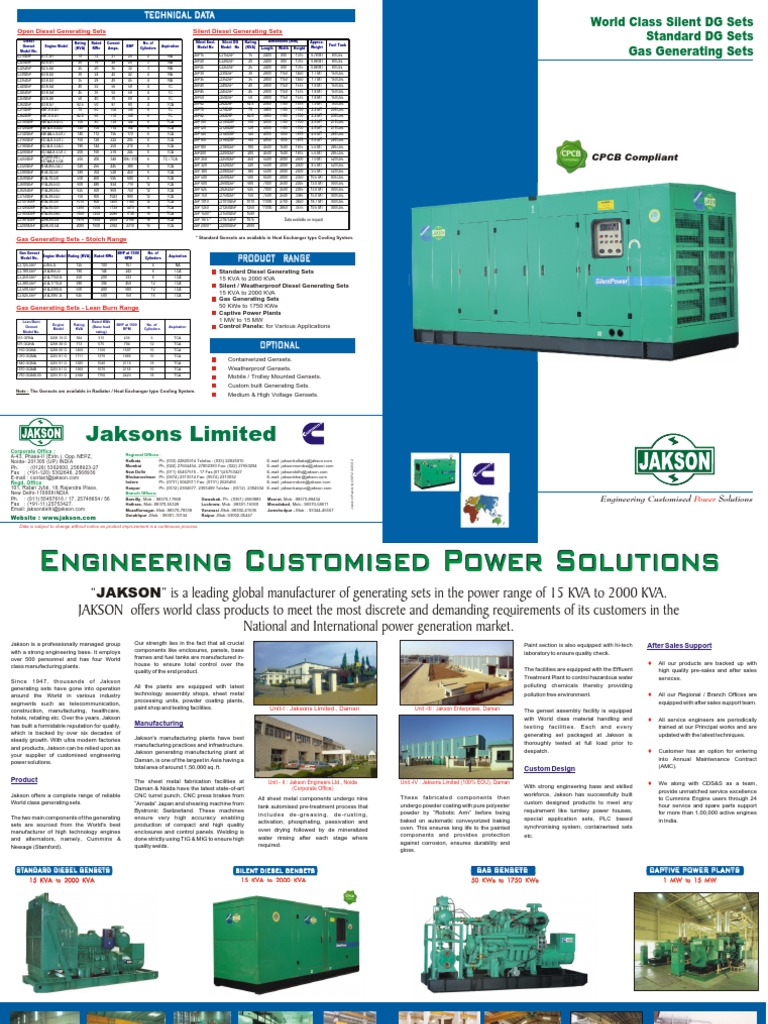 Jakson DG Set Specifications and Range | PDF | Industrial Processes ...