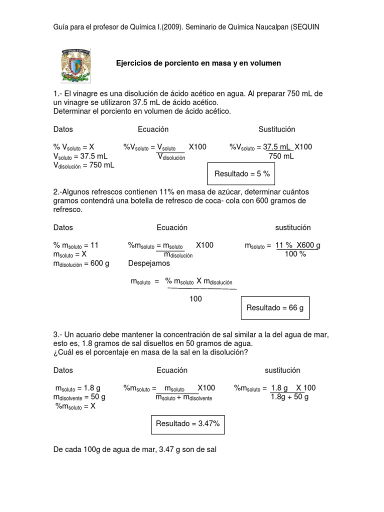 Ejercicios de Porciento en Masa y en Volumen