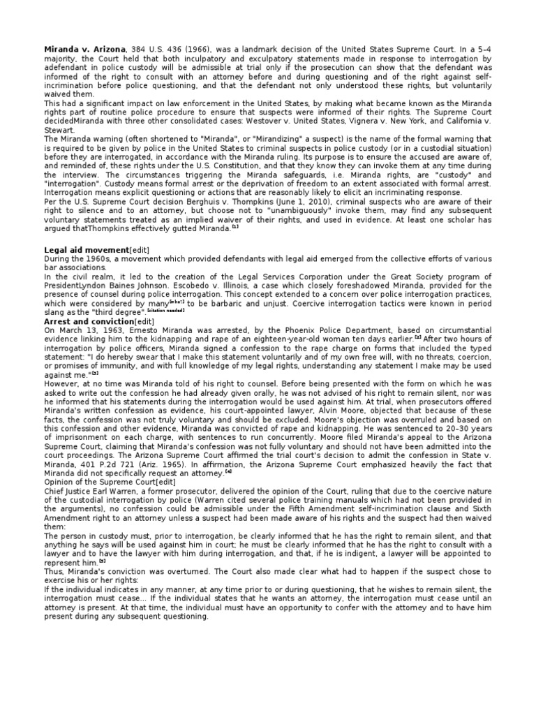 The Landmark Miranda v. Arizona Supreme Court Decision Establishes ...
