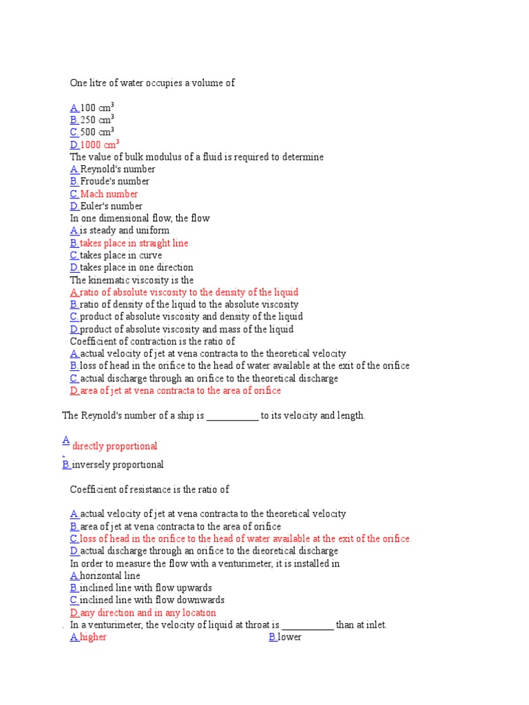 MCQ Fluid Mechanics | PDF | Pressure | Viscosity