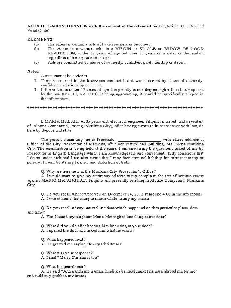 Acts of Lasciviousness Case Testimony | PDF | Perjury | Affidavit
