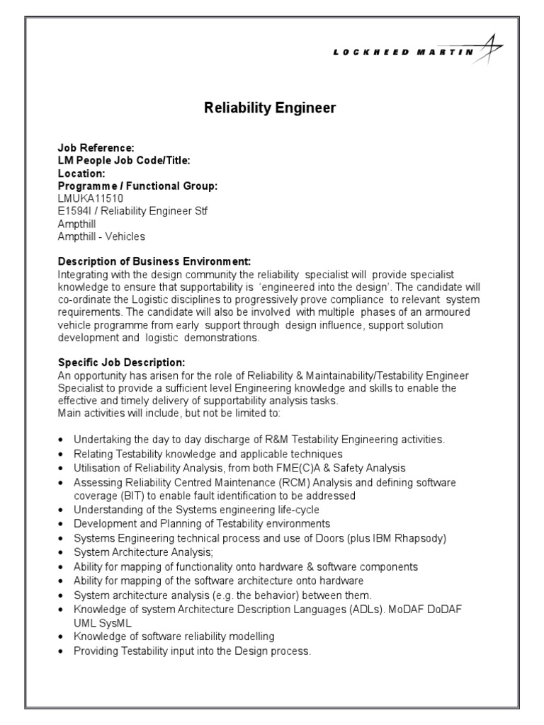 LMUKA11510 Reliability Engineer | PDF | Reliability Engineering | Science And Technology