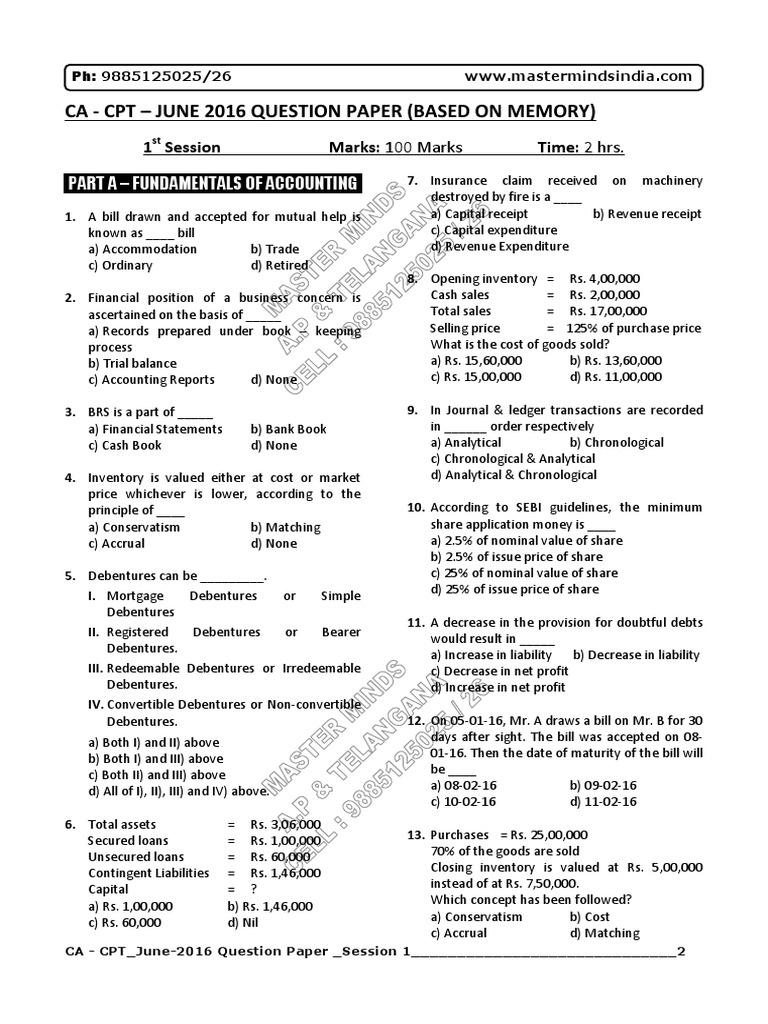 Analysis of a CPT Exam Question Paper Focusing on Fundamentals of ...