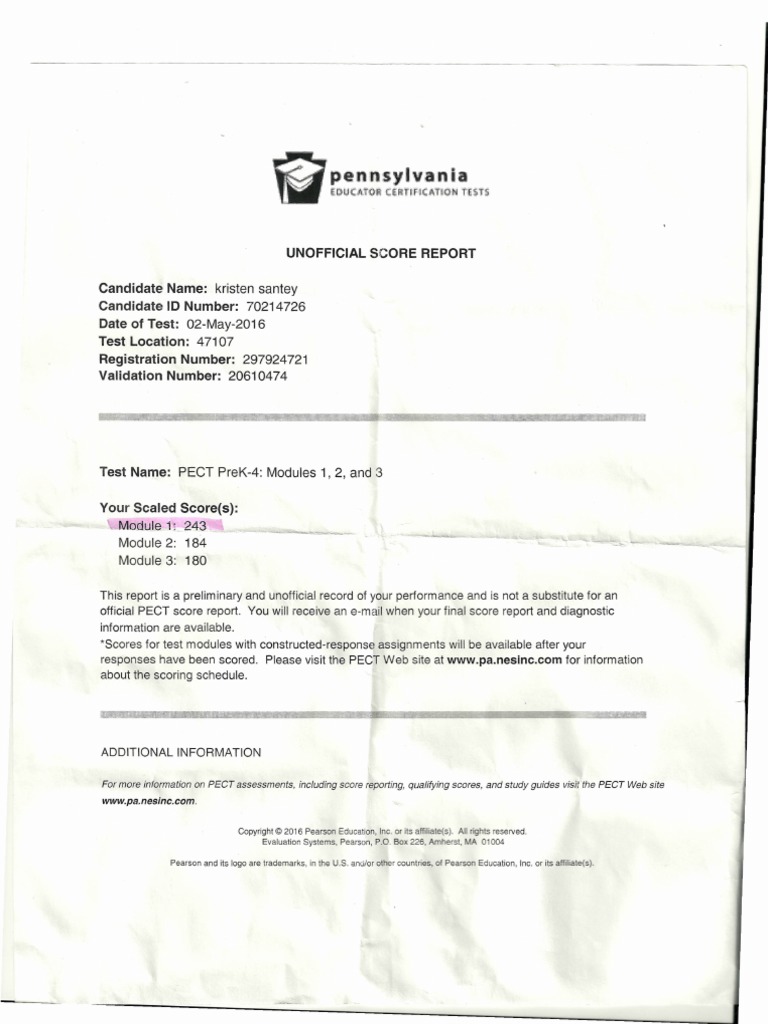 Pect Prek - 4 Module 1 Score Report | PDF