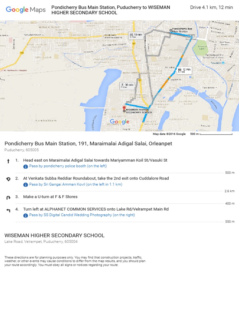 Pondicherry Bus Main Station, Puducherry To WISEMAN HIGHER SECONDARY ...
