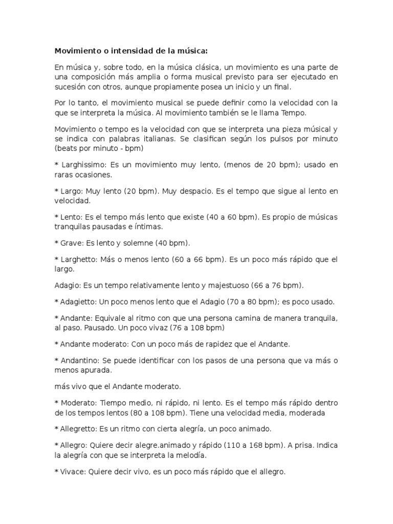 Movimiento o Intensidad de La Música | PDF | Tempo | Sonido