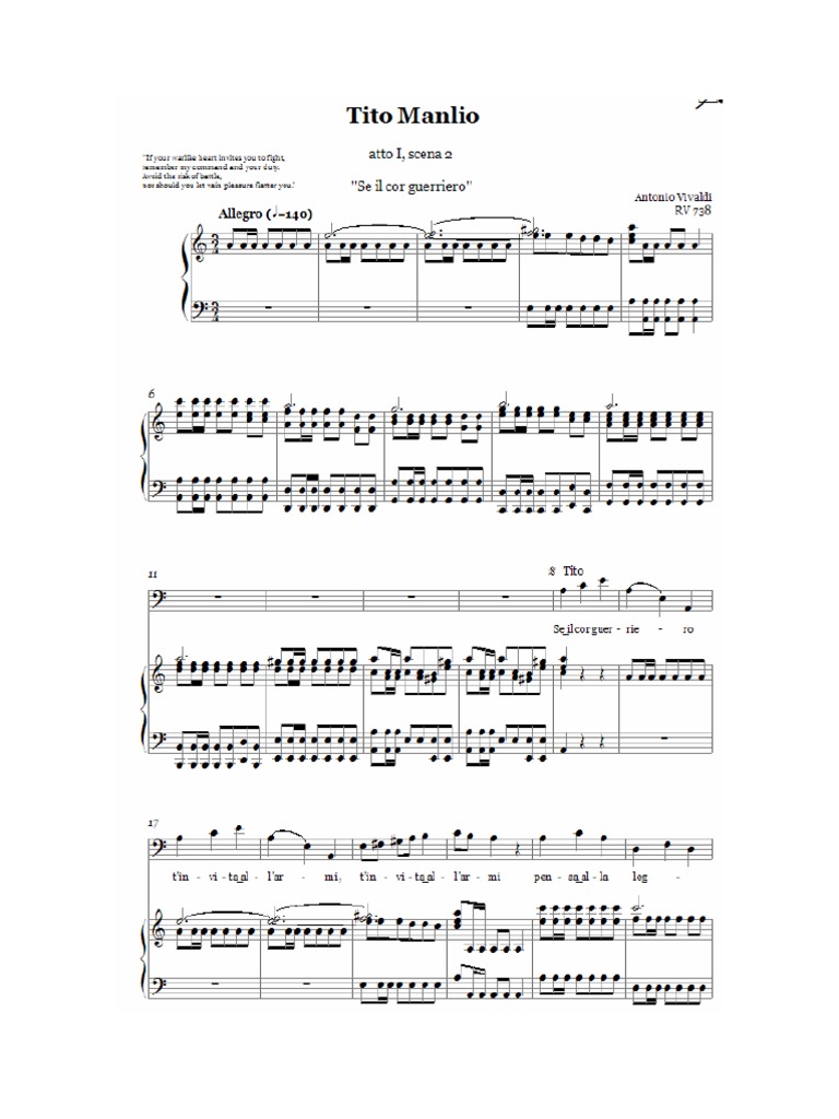 Vivaldi - Tito Manlio - Se Il Cor Guerriero | PDF