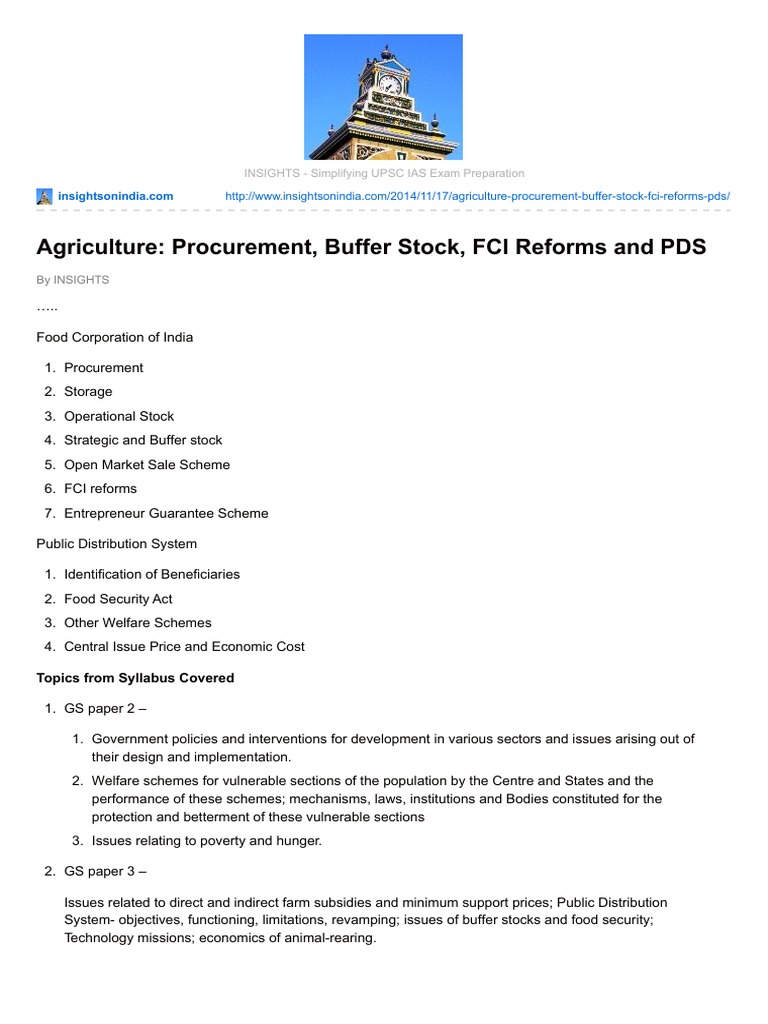 Agriculture Procurement Buffer Stock FCI Reforms and PDS PDF | PDF ...