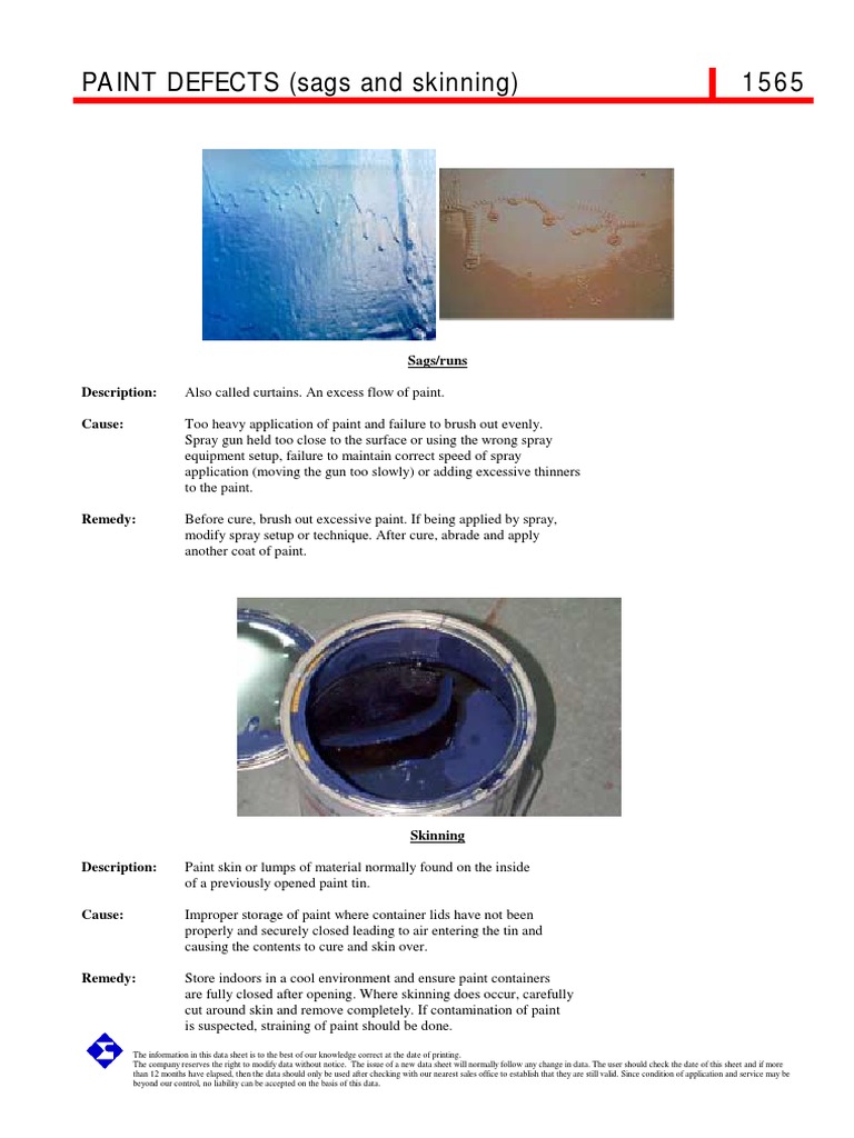 PAINT DEFECTS (Sags and Skinning) 1565: Sags/runs Description: Cause | PDF
