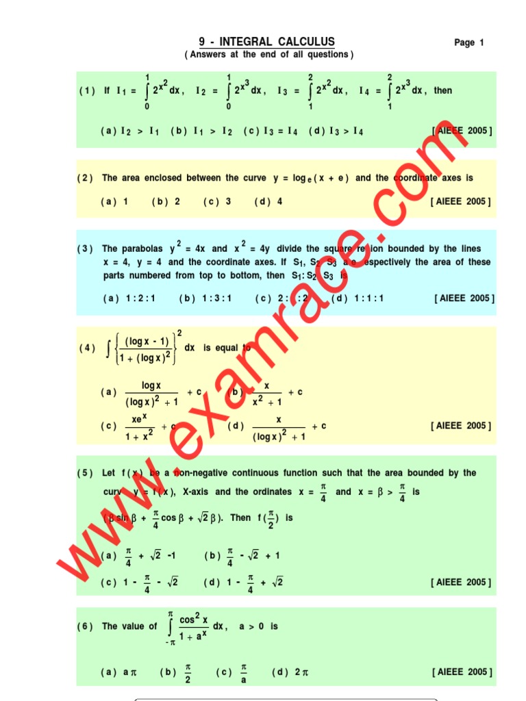 Integral Calculus MCQs with Answers | PDF | Sine | Integral