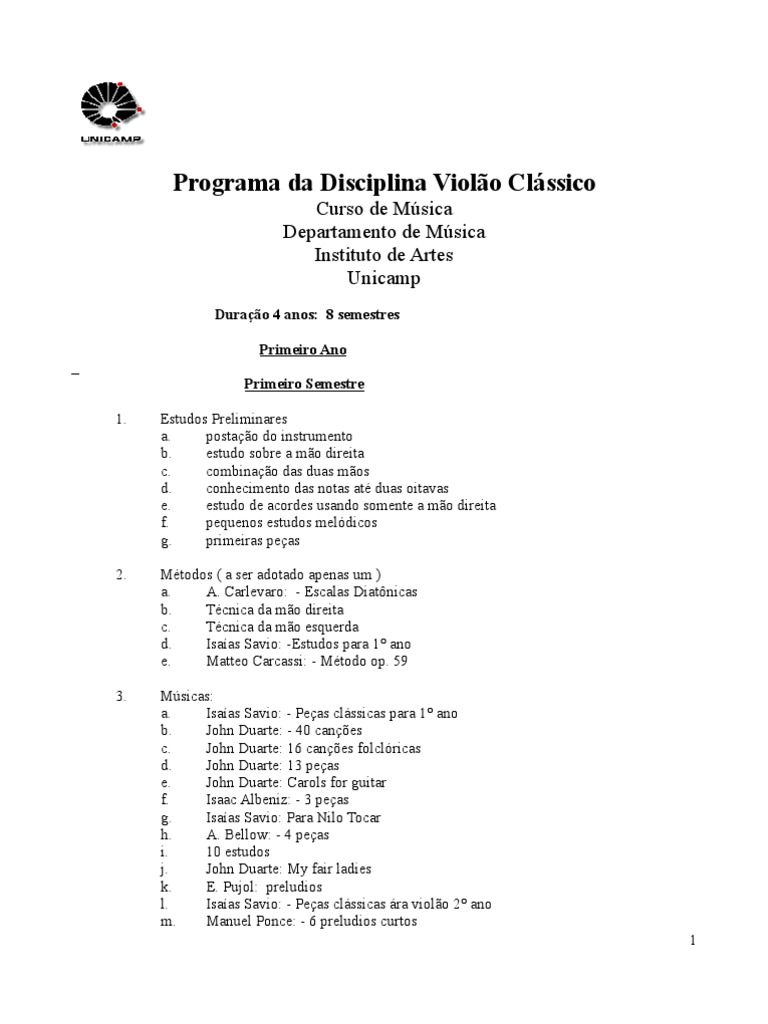 Programa Do Curso de Violao Classico - Unicamp | PDF | Business