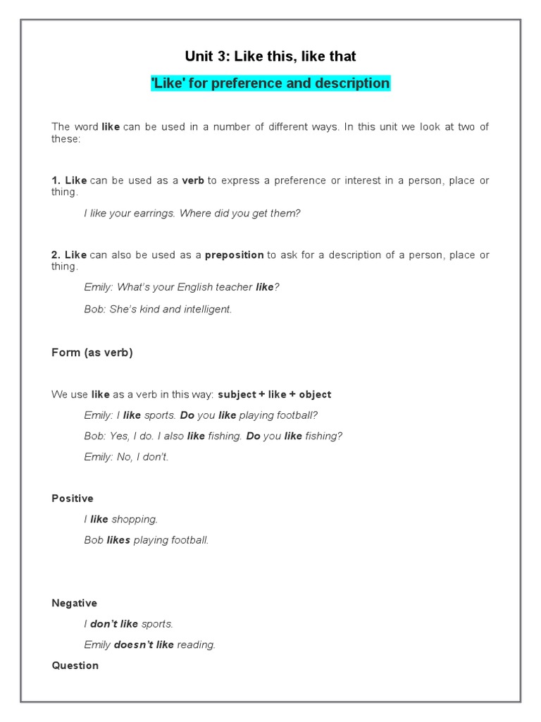 'Like' For Preference and Description | PDF | Verb | Philology
