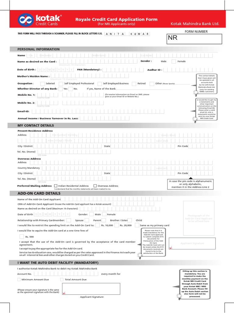 NRI Royale Application Form Front Back Offline 2 | PDF | Credit Card ...