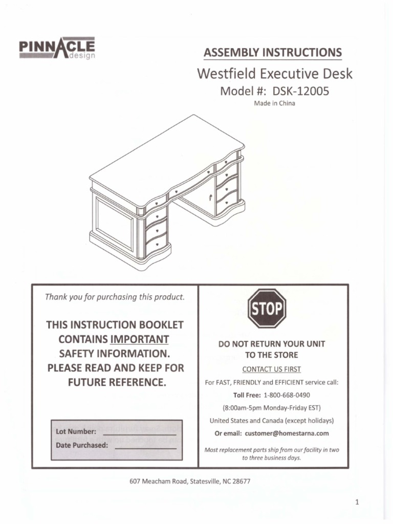 Westfield Executive Desk DSK-12005 Assembly Instructions