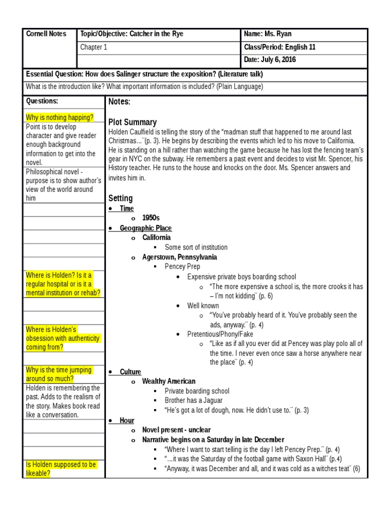 sample cornell notes - reading ch 1