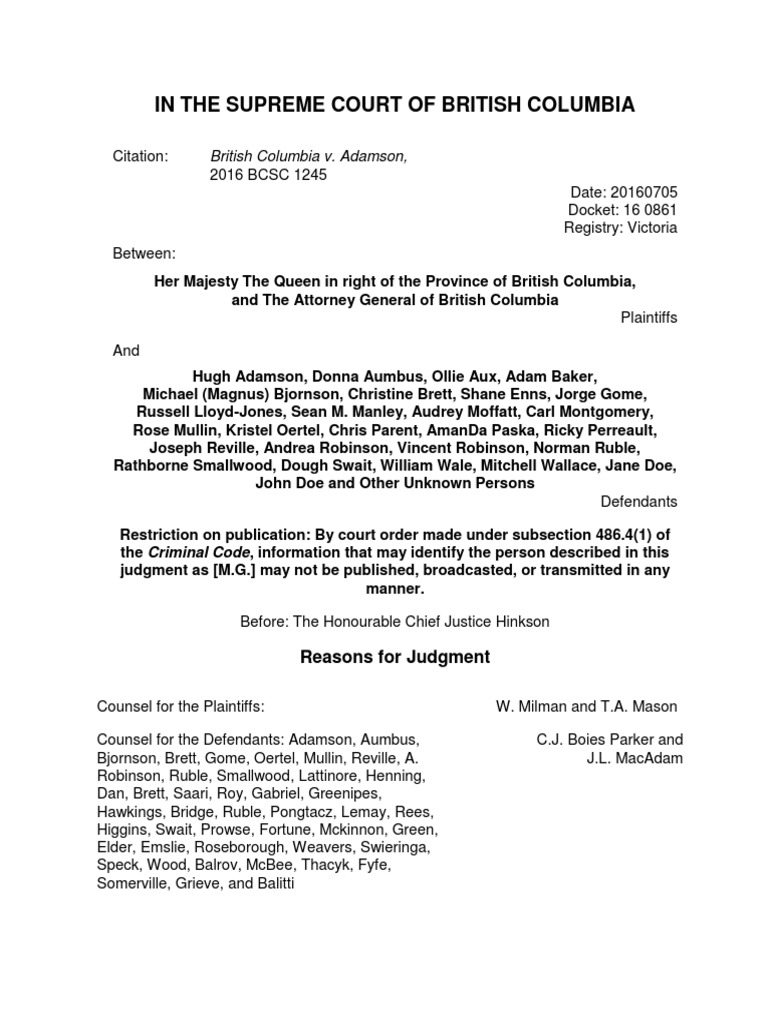 Chief Justice Hinkson, Re British Columbia v. Adamson, 07-05 | PDF ...