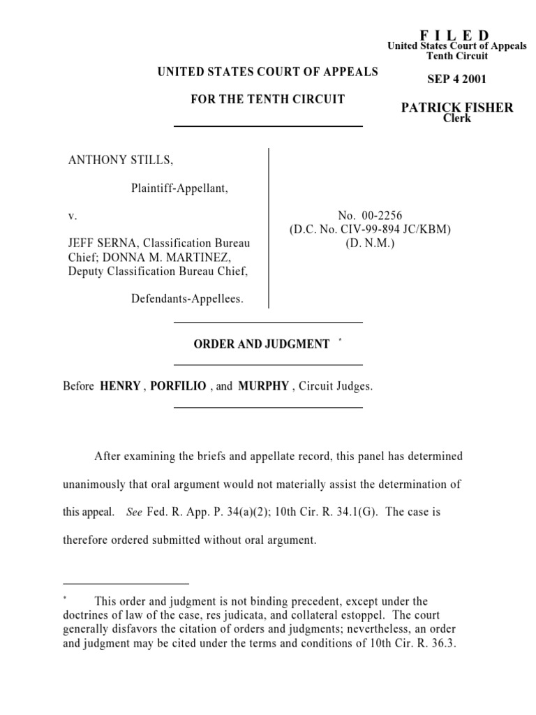 Stills v. Serna, 10th Cir. (2001) | PDF | Summary Judgment | United ...