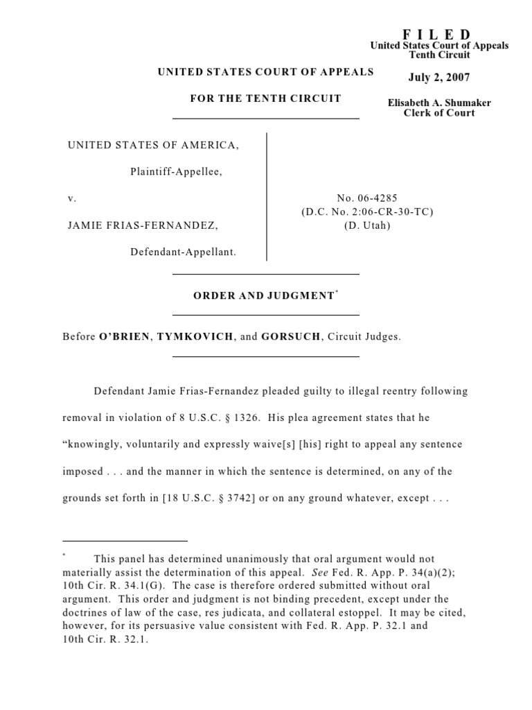 United States v. Frias-Fernandez, 10th Cir. (2007) | PDF | Plea | Plea ...
