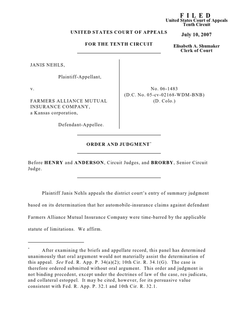 Nehls v. Farmers Alliance, 10th Cir. (2007) | PDF | Equitable Tolling ...