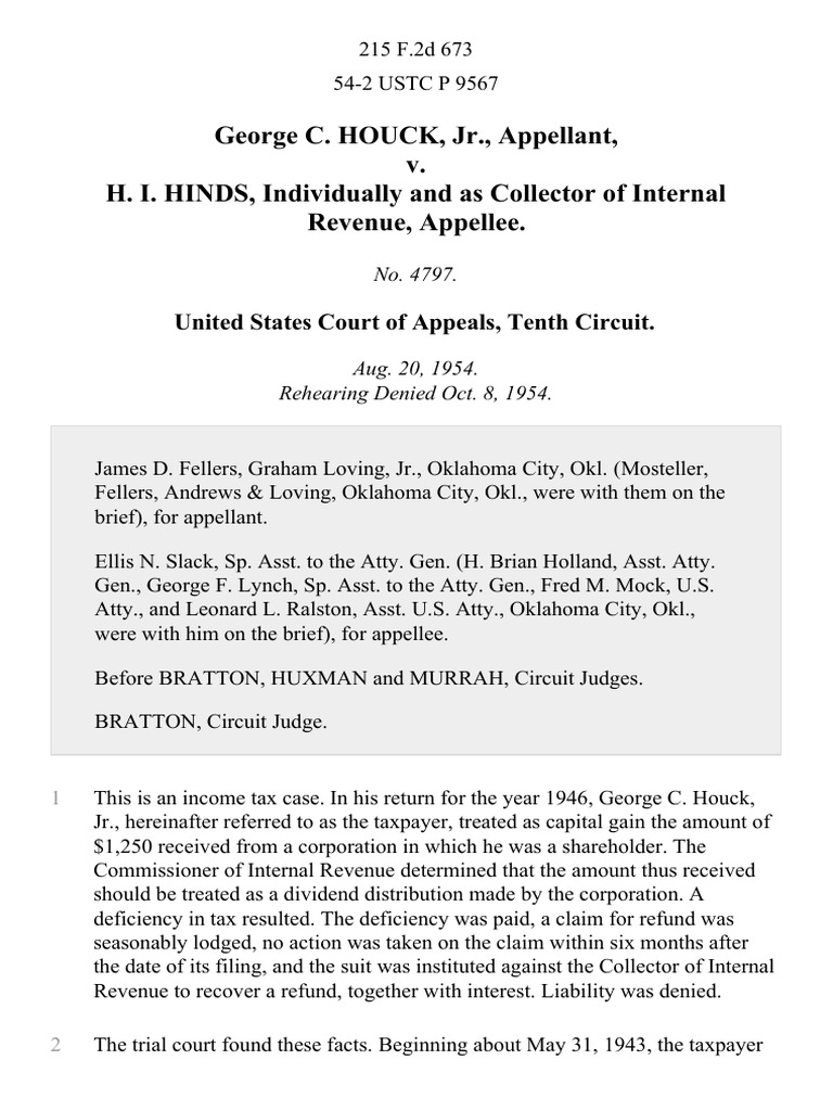 George C. Houck, Jr. v. H. I. Hinds, Individually and As Collector of ...