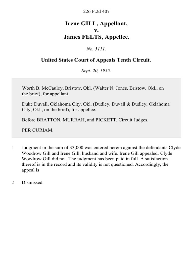 Irene Gill v. James Felts, 226 F.2d 407, 10th Cir. (1955) | PDF Irene Gill v. James Felts, 226 F.2d 407, 10th Cir. (1955) | PDF