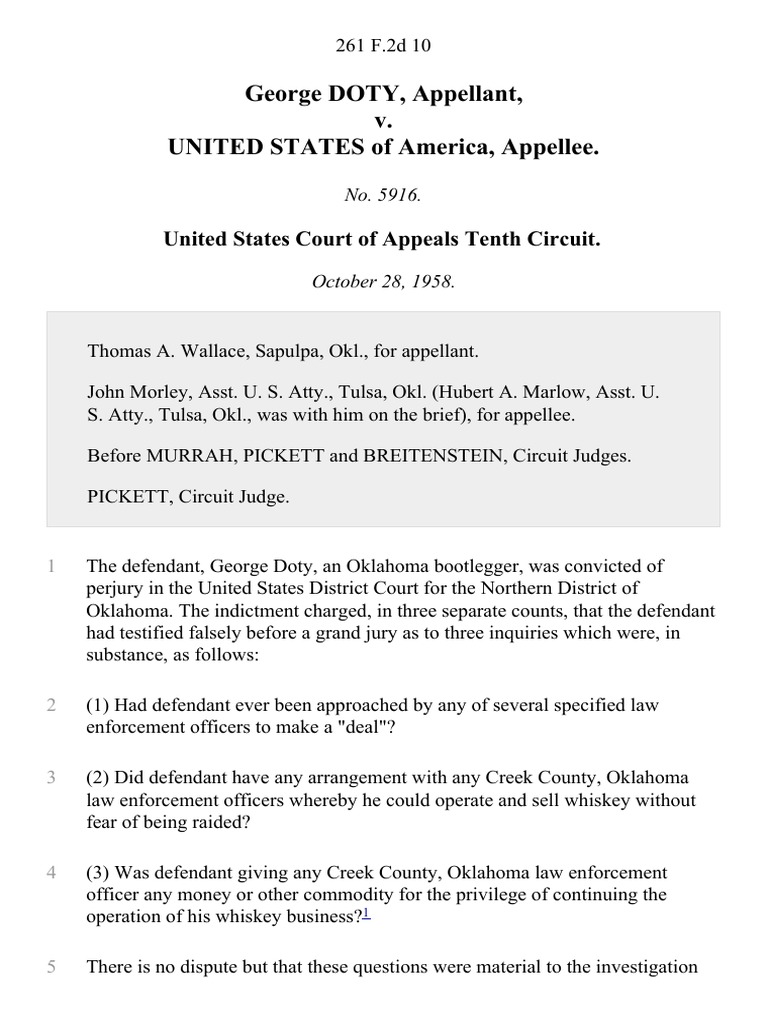 George Doty v. United States, 261 F.2d 10, 10th Cir. (1958) | PDF ...