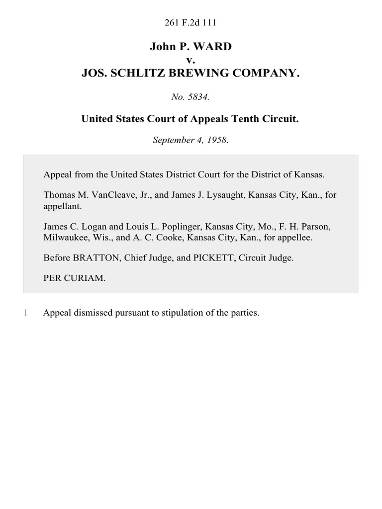 John P. Ward v. Jos. Schlitz Brewing Company, 261 F.2d 111, 10th Cir ...
