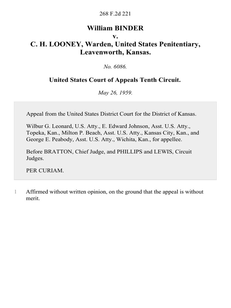 William Binder v. C. H. Looney, Warden, United States Penitentiary ...