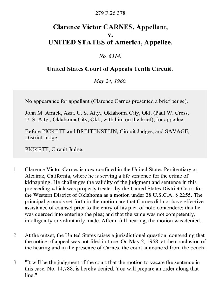 Clarence Victor Carnes v. United States, 279 F.2d 378, 10th Cir. (1960 ...