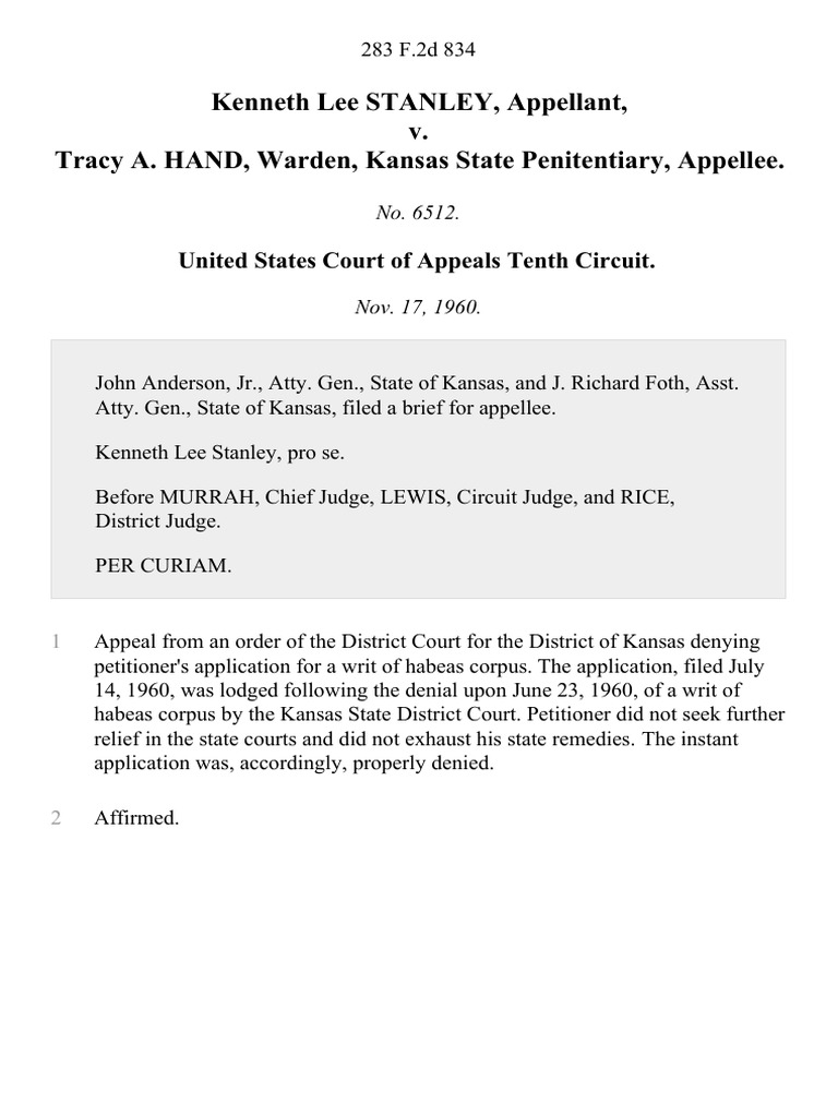 Kenneth Lee Stanley v. Tracy A. Hand, Warden, Kansas State Penitentiary ...